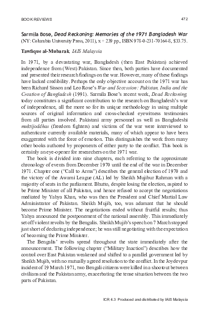 (PDF) Sarmila Bose , Dead Reckoning : Memories of the 1971 Bangladesh War