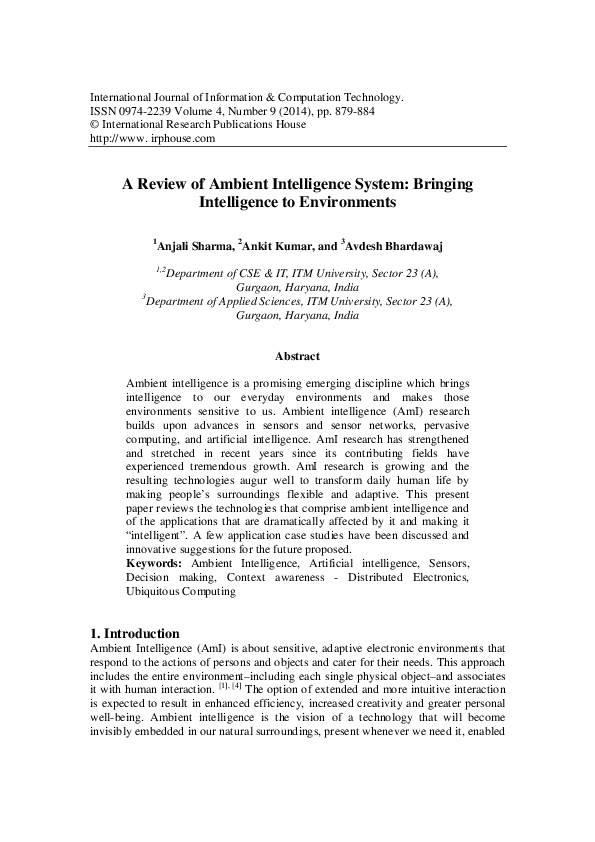 (PDF) A Review of Ambient Intelligence System : Bringing Intelligence to Environments