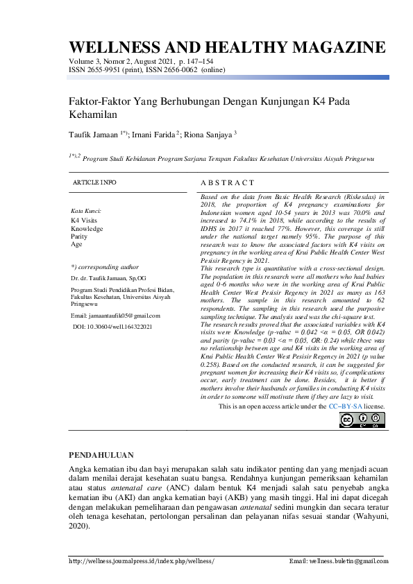 (PDF) Faktor-Faktor Yang Berhubungan Dengan Kunjungan K4 Pada Kehamilan