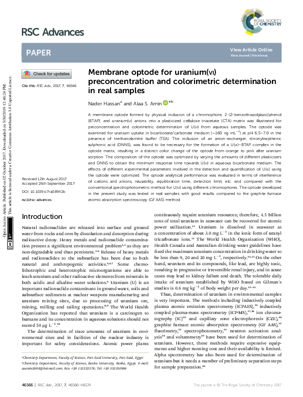 Pdf Uranium Vi Detection Using Membrane Optode With Btap