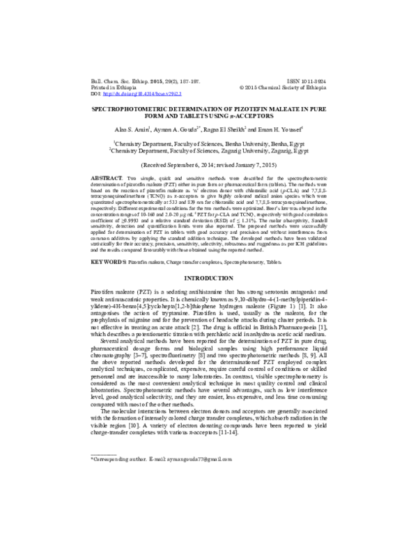 Pdf Spectrophotometric Determination Of Pizotefin Maleate In Pure Form And Tablets Using π