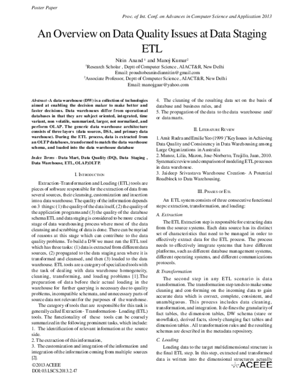 (PDF) An Overview on Data Quality Issues at Data Staging ETL