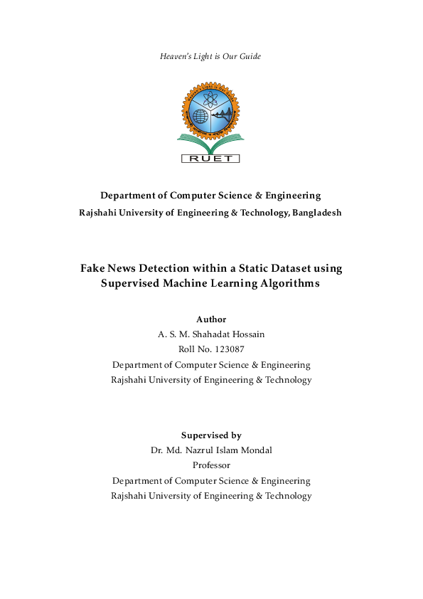 (PDF) Fake News Detection within a Static Dataset using Supervised Machine Learning Algorithms