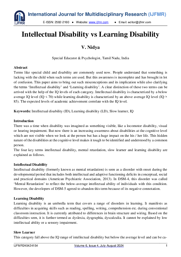 (PDF) INTELLECTUAL DISABILITY VS LEARNING DISABILITY