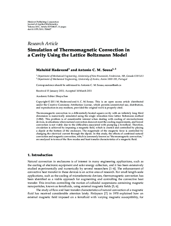 Pdf Simulation Of Thermomagnetic Convection In A Cavity Using The Lattice Boltzmann Model