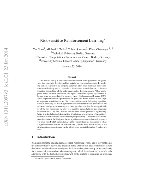 Pdf Risk Sensitive Reinforcement Learning