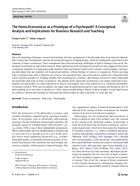 (PDF) The Homo Economicus as a Prototype of a Psychopath? A Conceptual Analysis and Implications ...