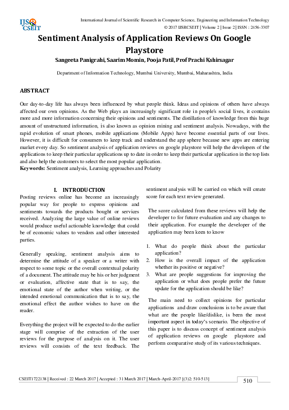 (PDF) Sentiment Analysis of Application Reviews On Google Playstore