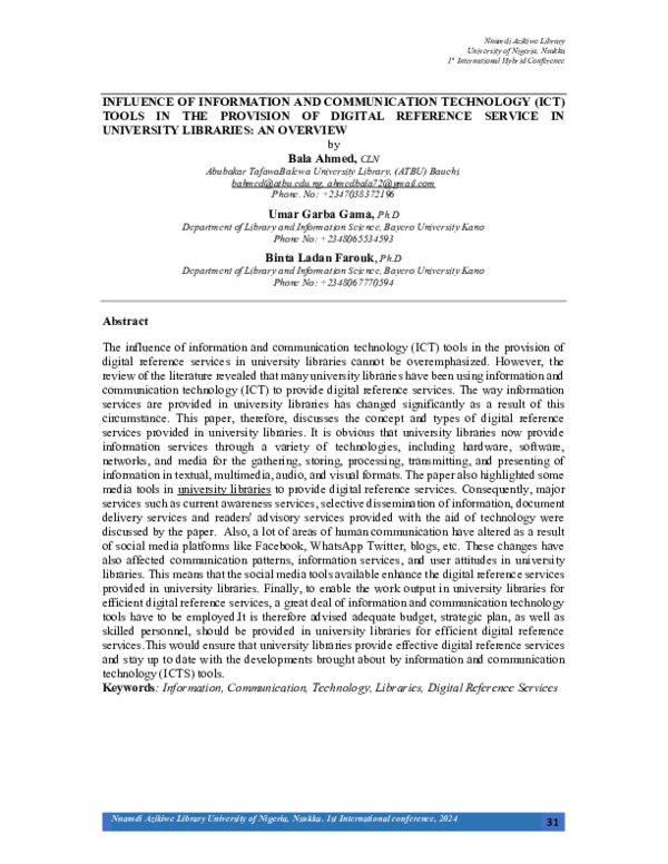 (PDF) INFLUENCE OF INFORMATION AND COMMUNICATION TECHNOLOGY (ICT) TOOLS ...