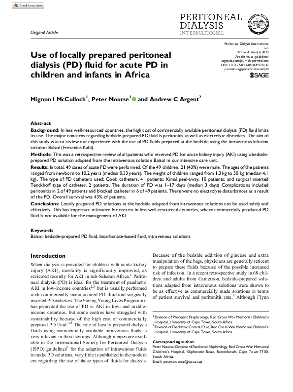 (PDF) Use of locally prepared peritoneal dialysis (PD) fluid for acute ...