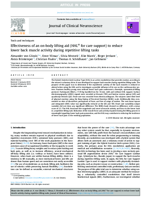 (PDF) Effectiveness of an on-body lifting aid (HAL® for care support ...