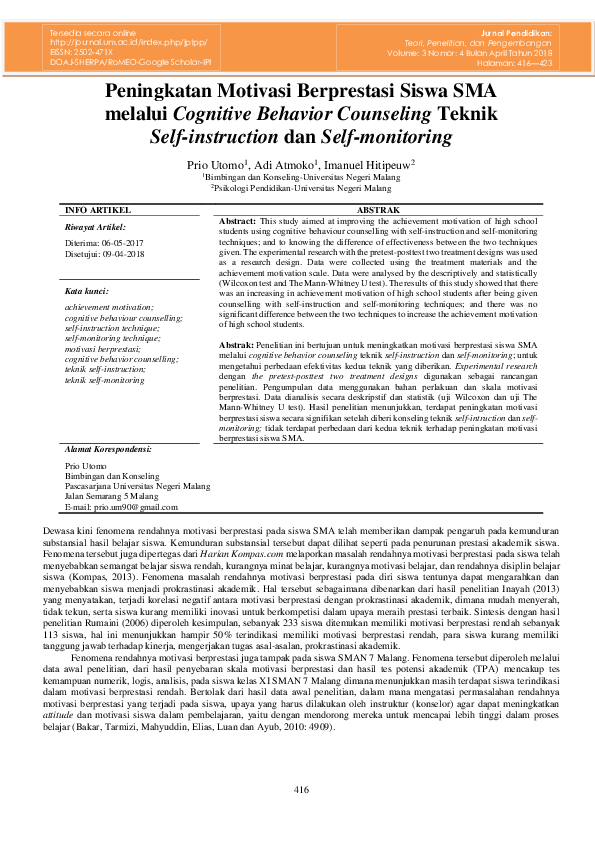 (PDF) Peningkatan Motivasi Berprestasi Siswa SMA melalui Cognitive Behavior Counseling Teknik ...