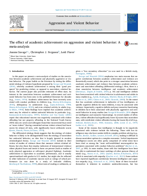 (PDF) The effect of academic achievement on aggression and violent behavior: A meta-analysis