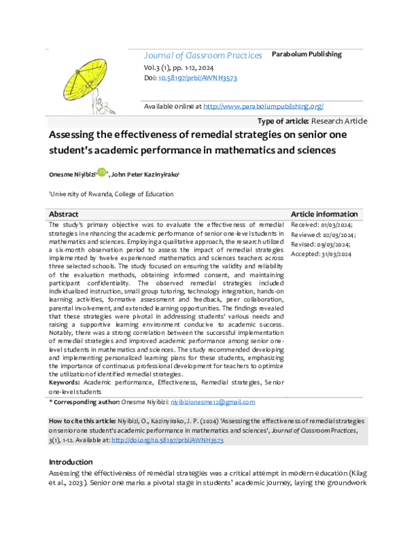 (PDF) Assessing the effectiveness of remedial strategies on senior one ...
