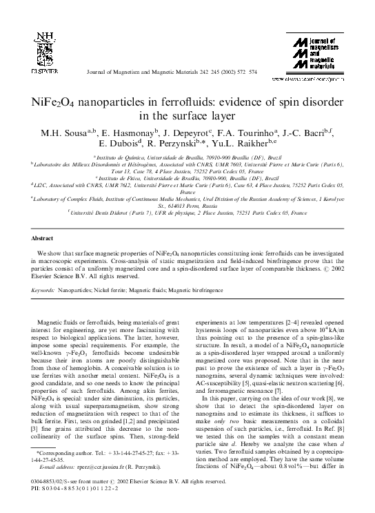 (PDF) NiFe2O4 nanoparticles in ferrofluids: evidence of spin disorder ...