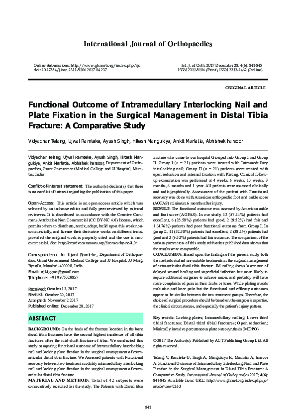 (PDF) Functional Outcome of Intramedullary Interlocking Nail and Plate Fixation in the Surgical ...