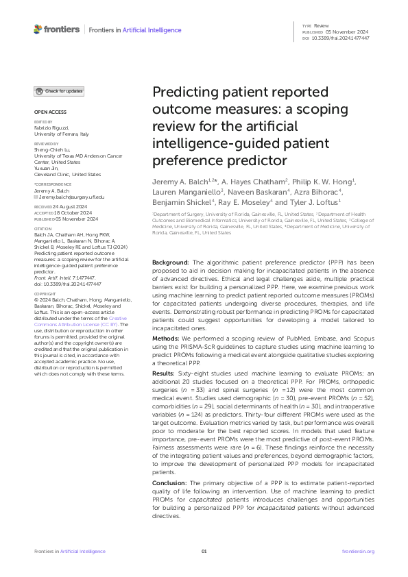 (PDF) Predicting patient reported outcome measures: a scoping review for the artificial ...