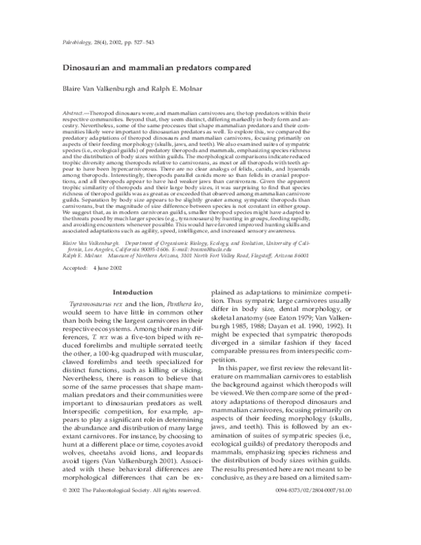 (PDF) Dinosaurian and mammalian predators compared | BLAIRE VAN ...