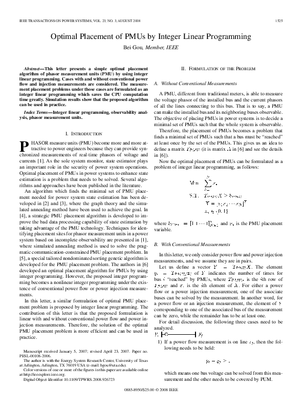 (PDF) Optimal Placement of PMUs by Integer Linear Programming