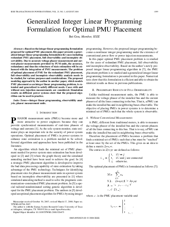 (PDF) Optimal PMU Placement via Generalized ILP
