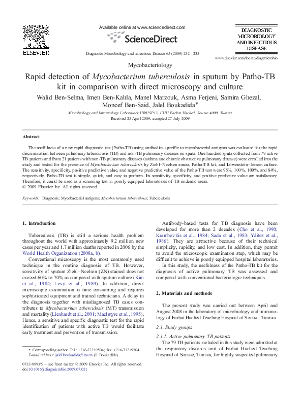 (PDF) Rapid detection of Mycobacterium tuberculosis in sputum by Patho-TB kit in comparison with ...