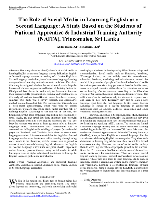 (PDF) The Role of Social Media in Learning English as a Second Language ...