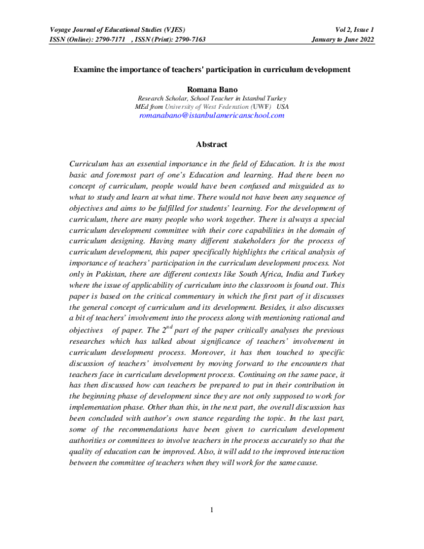 (PDF) Examine the importance of teachers' participation in curriculum ...