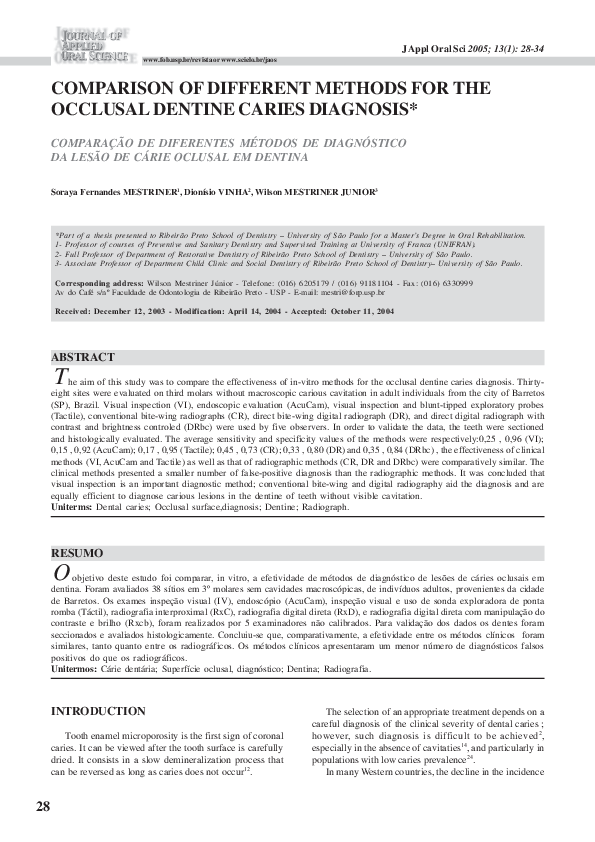 Pdf Comparison Of Different Methods For The Occlusal Dentine Caries Diagnosis Comparação De