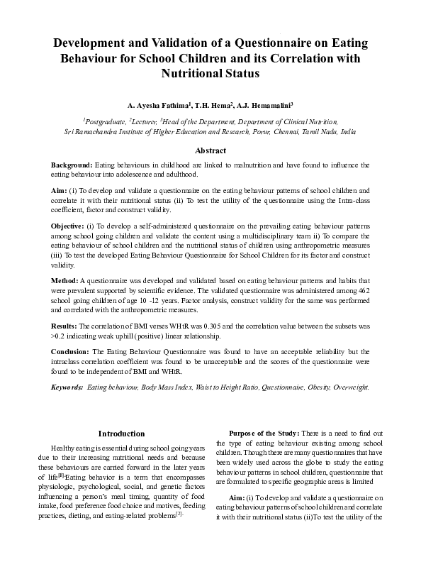 (PDF) Development and Validation of a Questionnaire on Eating Behaviour for School Children and ...