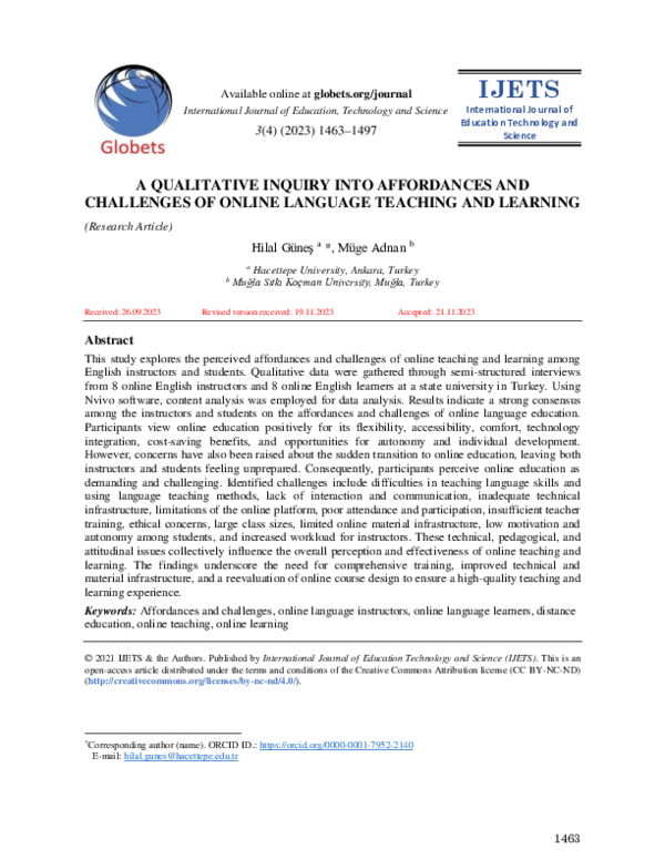 (PDF) A qualitative inquiry into affordances and challenges of online language teaching and learning