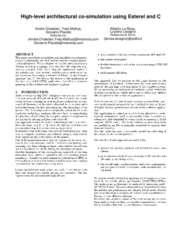 (PDF) High-level architectural co-simulation using Esterel and C