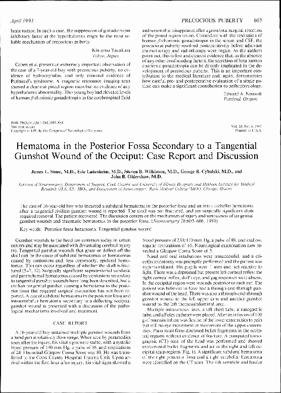 (PDF) Hematoma in the posterior fossa secondary to a tangential gunshot ...