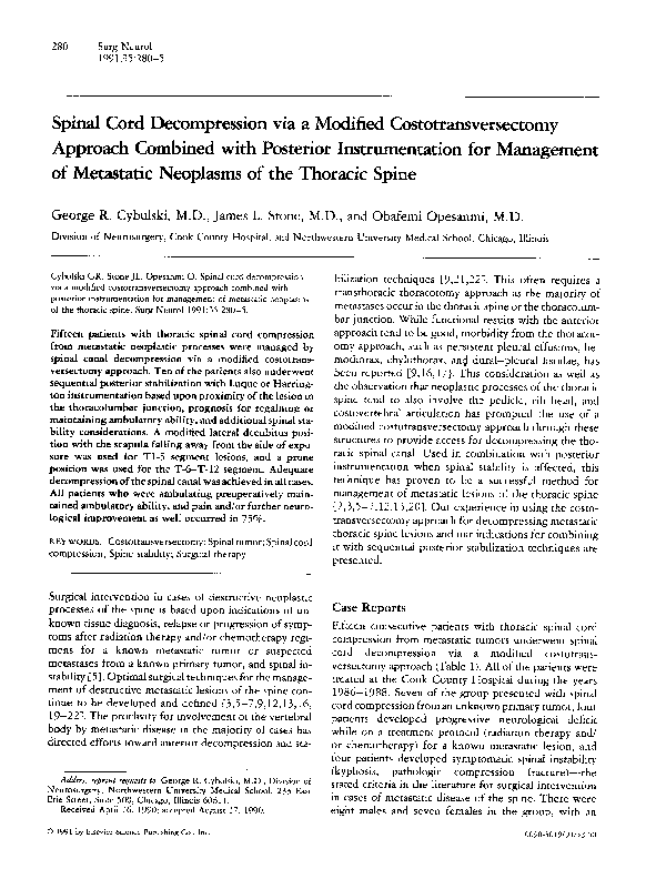(PDF) Spinal cord decompression via a modified costotransversectomy ...