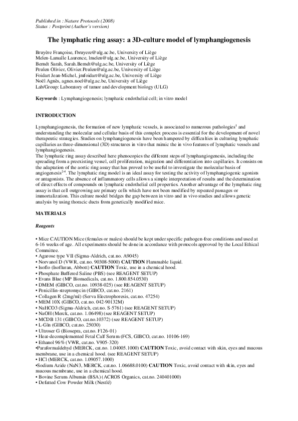 (PDF) The lymphatic ring assay: a 3D-culture model of lymphangiogenesis