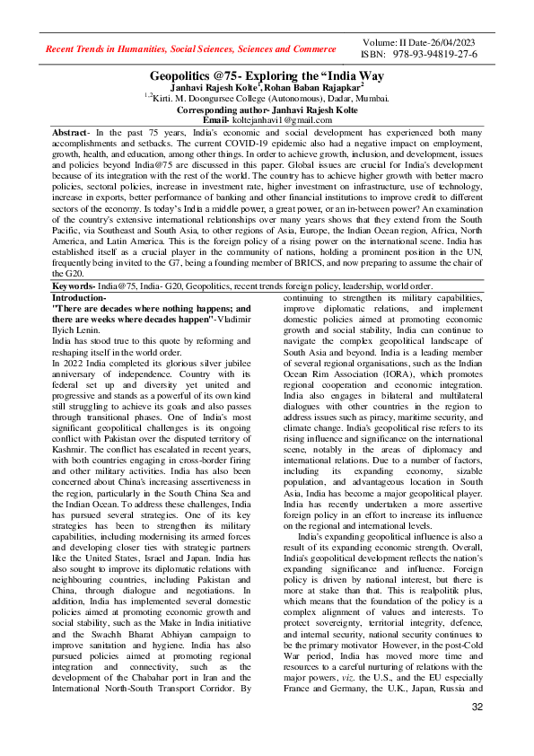 (PDF) Geopolitics @75- Exploring the "India Way