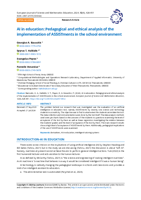 (PDF) Ai in education pedagogical and ethical analysis of the implementation of assistments in ...