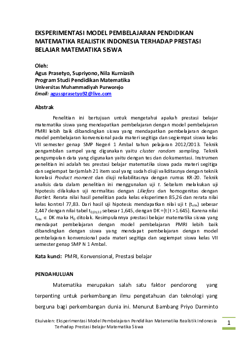 (PDF) Eksperimentasi Model Pembelajaran Pendidikan Matematika Realistik Indonesia Terhadap ...