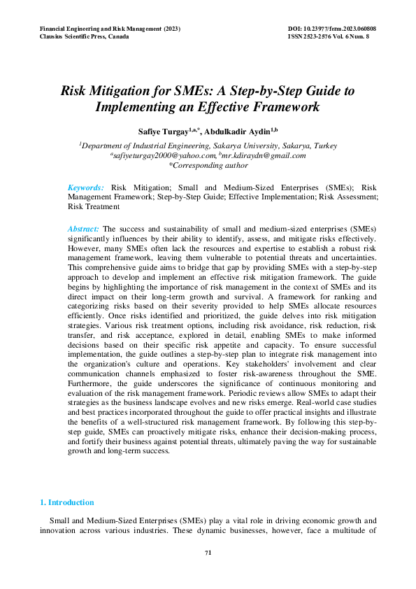 (PDF) Risk Mitigation for SMEs: A Step-by-Step Guide to Implementing an ...