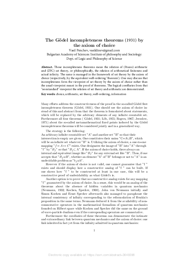 (PDF) The Gödel Incompleteness Theorems (1931) by the Axiom of Choice