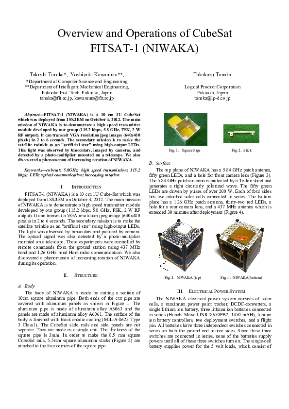 (PDF) Overview and operations of CubeSat FITSAT-1 (NIWAKA)