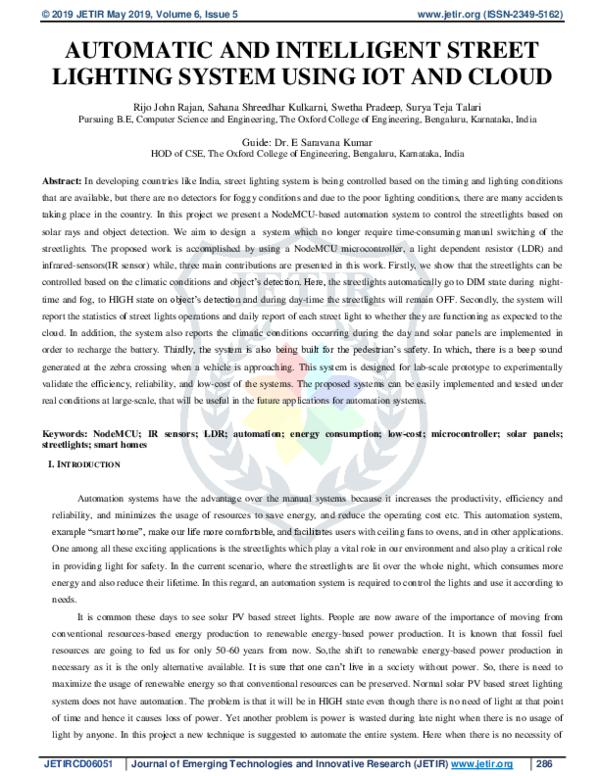(PDF) AUTOMATIC AND INTELLIGENT STREET LIGHTING SYSTEM USING IOT AND CLOUD