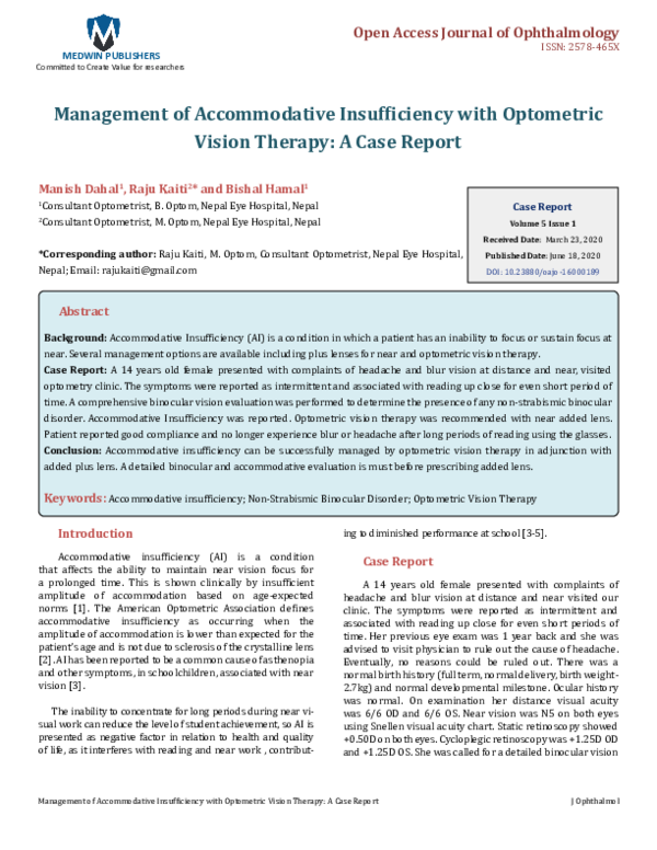 (PDF) Management of Accommodative Insufficiency with Optometric Vision Therapy: A Case Report