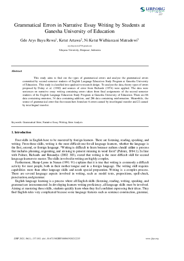 (PDF) Grammatical Errors in Narrative Essay Writing by Students at Ganesha University of ...