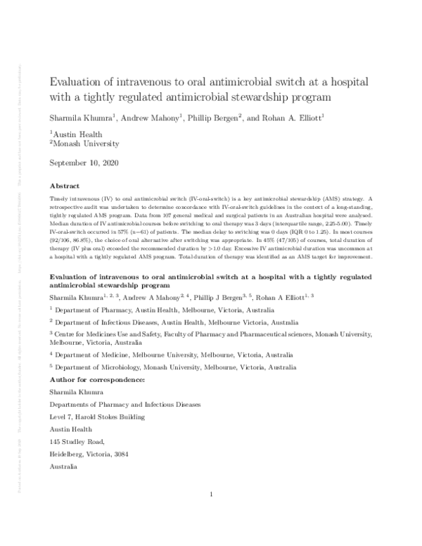 (PDF) Evaluation of intravenous to oral antimicrobial switch at a hospital with a tightly ...