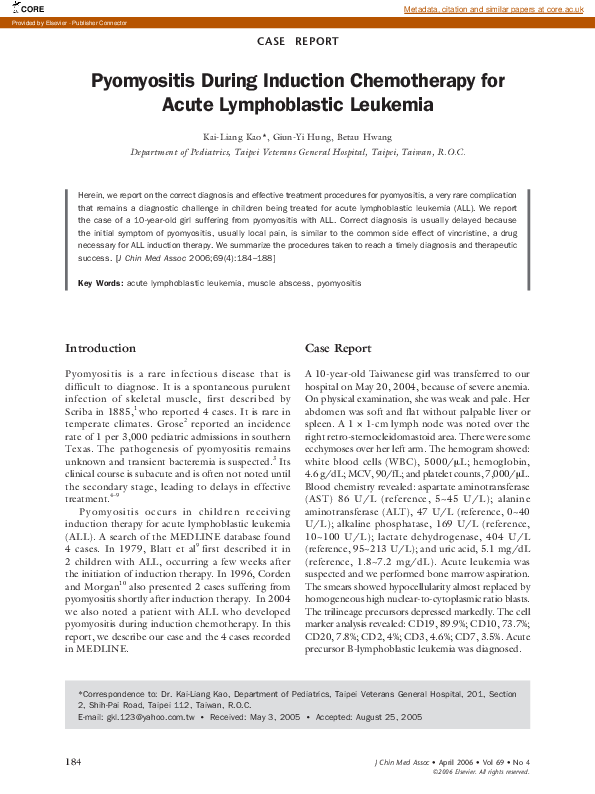 (PDF) Pyomyositis During Induction Chemotherapy for Acute Lymphoblastic ...