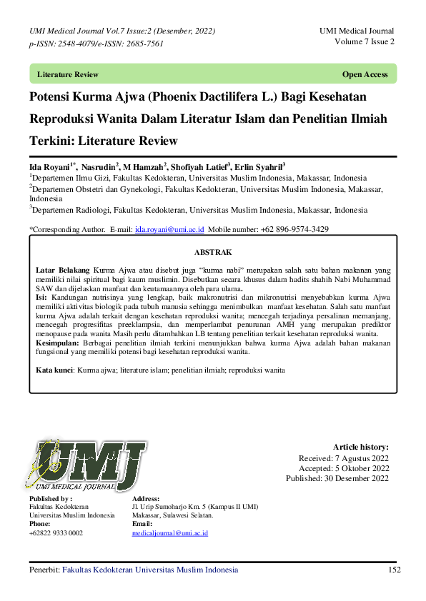 (PDF) Potensi Kurma Ajwa (Phoenix Dactilifera L.) Bagi Kesehatan Reproduksi Wanita Dalam ...