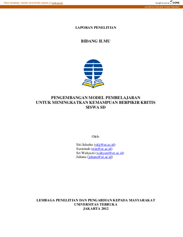 (PDF) Pengembangan Model Pembelajaran untuk Meningkatkan Kemampuan Berpikir Kritis Siswa SD ...