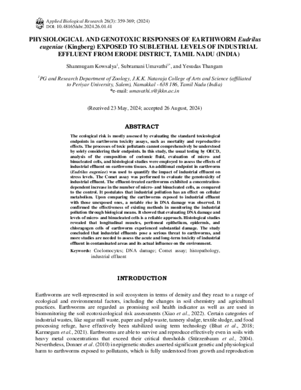(PDF) PHYSIOLOGICAL AND GENOTOXIC RESPONSES OF EARTHWORM Eudrilus