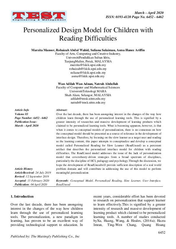 (PDF) Personalized Design Model for Children with Reading Difficulties