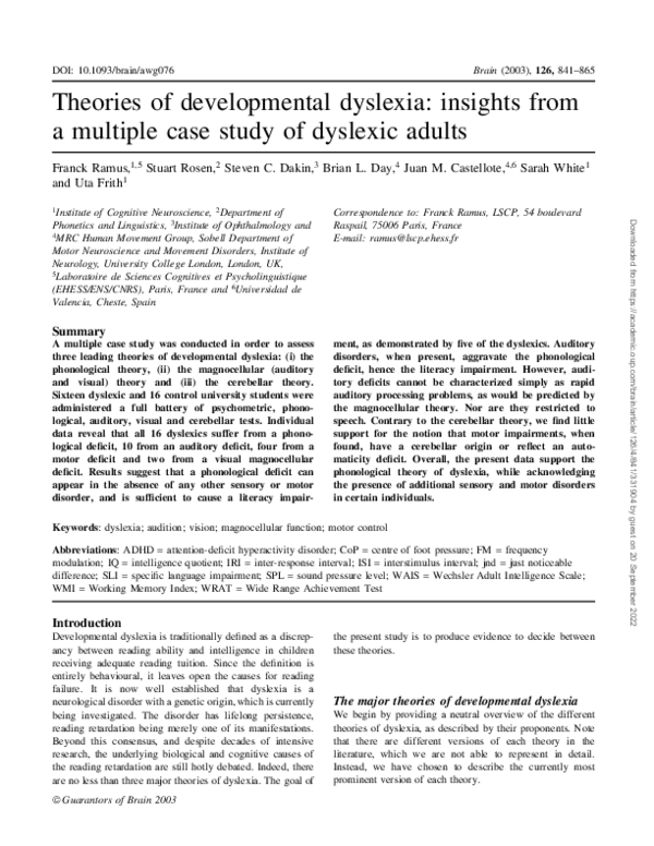 (PDF) Theories of developmental dyslexia: insights from a multiple case study of dyslexic adults